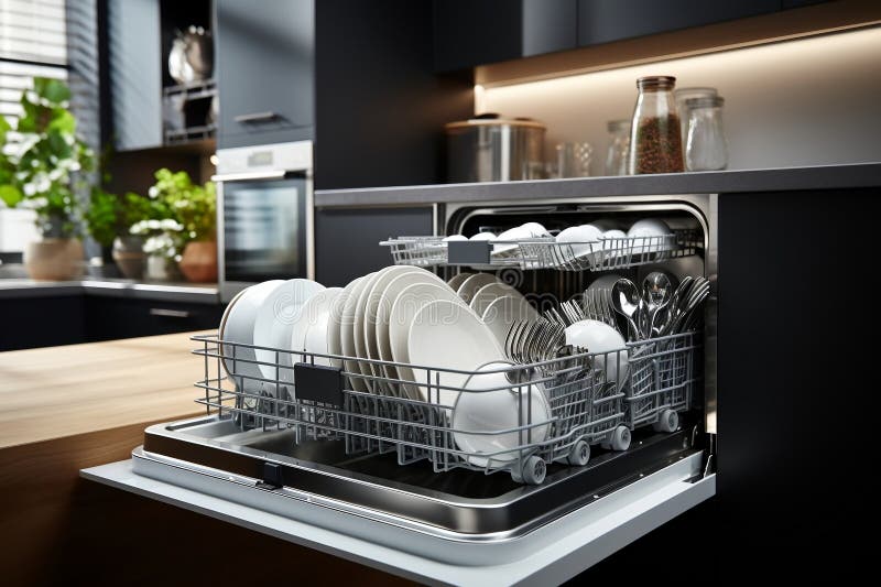 Open Automatic Built-in Dishwasher with Clean Dishes - Side View on ...