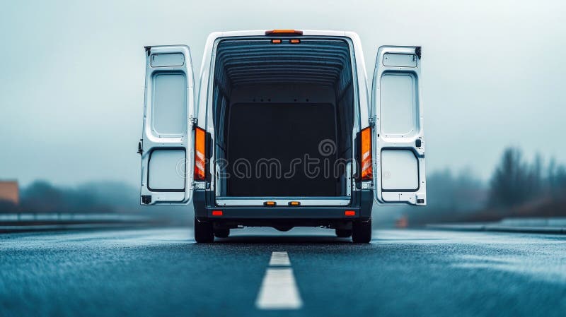 Open Back Doors of an Empty Cargo Van on a Road Stock Illustration ...