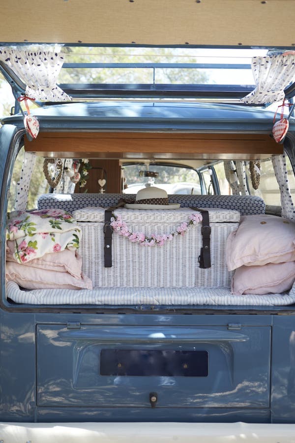 Open Back of a Retro Camper Van, with Luggage, Vertical Stock Image ...