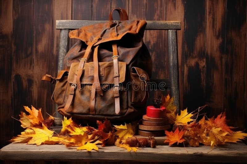 Open Backpack with Autumn Leaves on a Rustic Table Stock Photo - Image ...
