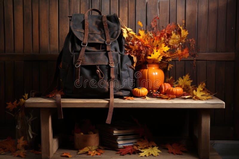 Open Backpack with Autumn Leaves on a Rustic Table Stock Image - Image ...