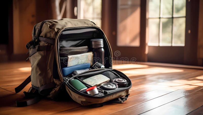 Open Backpack with Hiking Gear in Sunny Interior Stock Illustration - Illustration of bottle ...