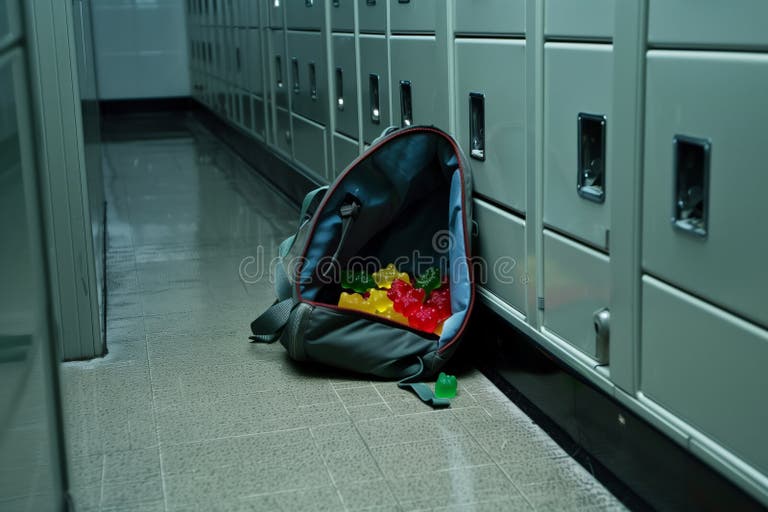 Open Backpack on Locker Room Floor, Gummy Bears Inside Stock Photo ...