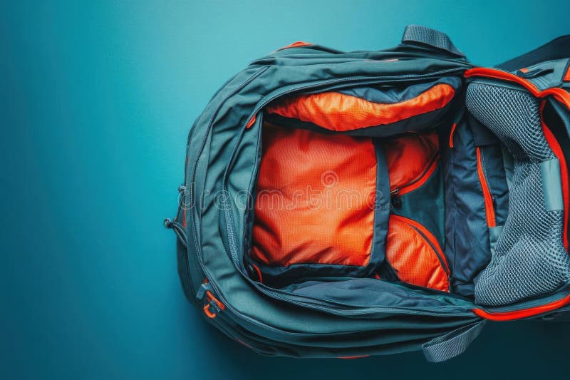 Open Backpack Showing Orange Lining on Blue Background and Shadow Stock ...