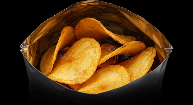 An Open Bag Reveals a Stack of Golden Potato Chips Inside. the Chips ...