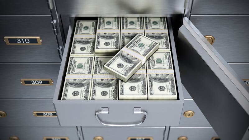 Open Bank Deposit Box Full of Dollar Bills. 3D Illustration Stock ...