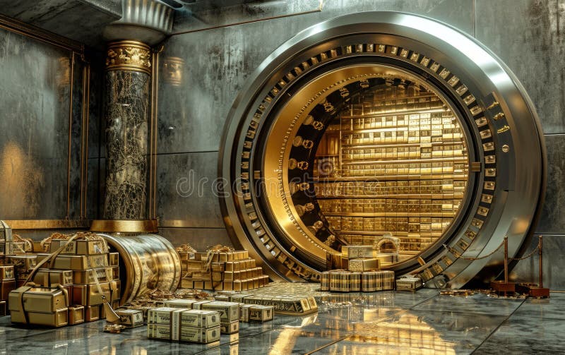 Open Bank Vault with Golden Walls and Gold Stacks Stock Image - Image ...