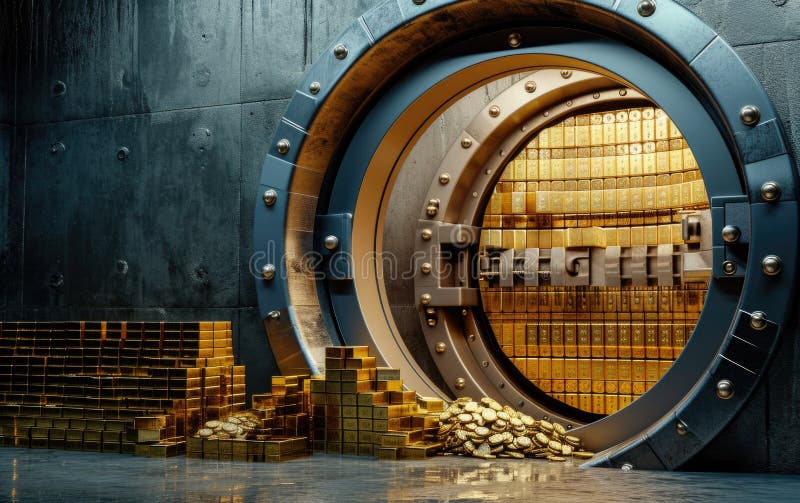 Open Bank Vault with Golden Walls and Gold Stacks Stock Image - Image ...