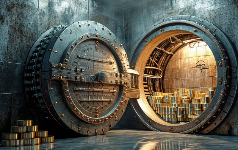 Open Bank Vault with Golden Walls and Gold Stacks Stock Image - Image ...