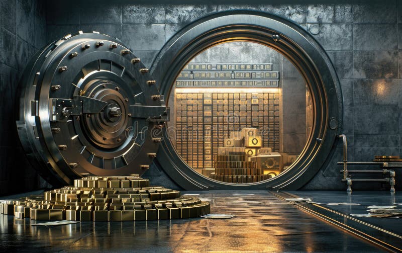 Open Bank Vault with Golden Walls and Gold Stacks Stock Image - Image ...