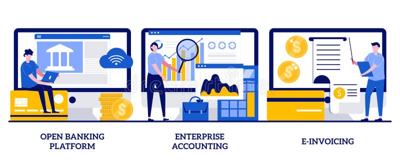 Open Banking Platform, Enterprise Accounting, E-invoicing Concept with Tiny People. it ...