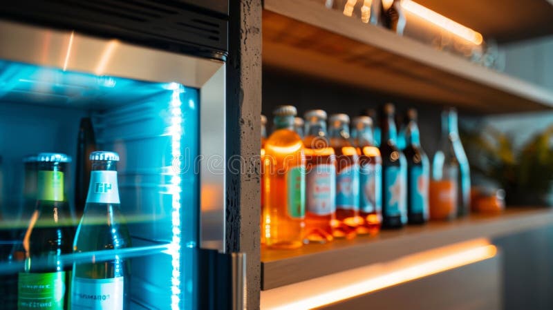 Open Bar Fridge Displaying Refreshing Cold Beverages Stock Photo ...