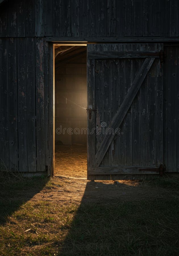 Open Barn Door with Golden Light Ray Stock Illustration - Illustration ...