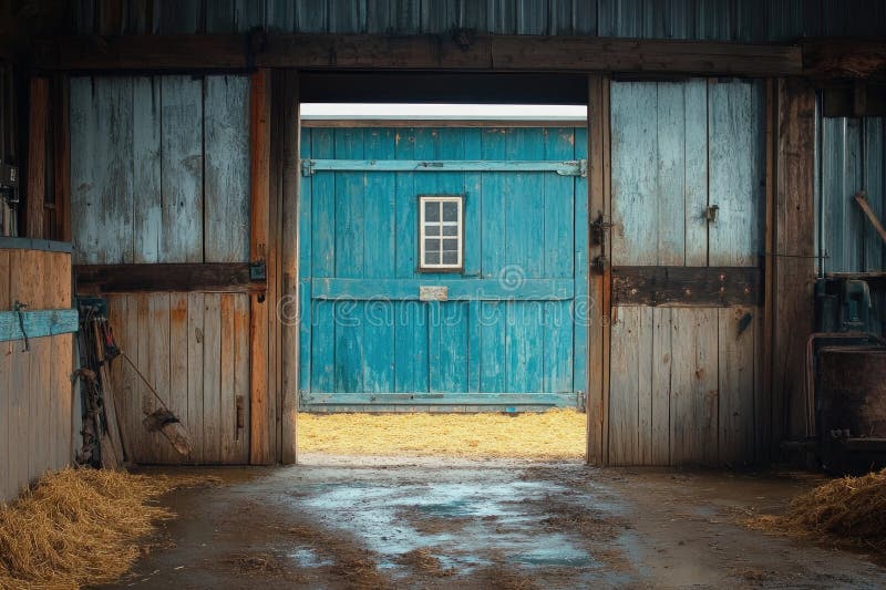 Open Barn Doors Revealing Paddock with Fresh Straw Bedding Stock ...