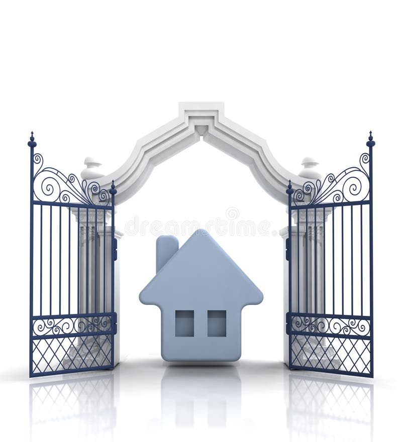 Open Baroque Gate with Blue House Stock Illustration - Illustration of ...