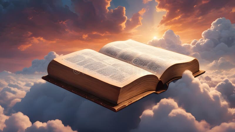 Open Bible Book Floating on Heaven at Sunrise with Glowing Light. Stock ...
