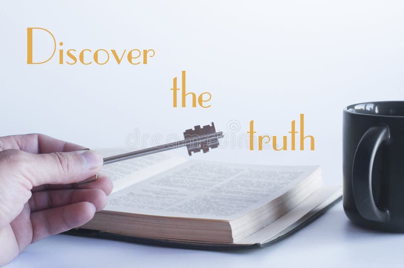 Open Bible Book on the Table and Cup. Inscription Discover the Truth ...