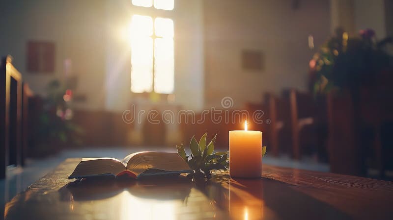 Open Bible and Candle in Sunlit Church. Concept of Spiritual Reflection ... Open Bible and Candle in Sunlit Church. Concept of Spiritual Reflection ...