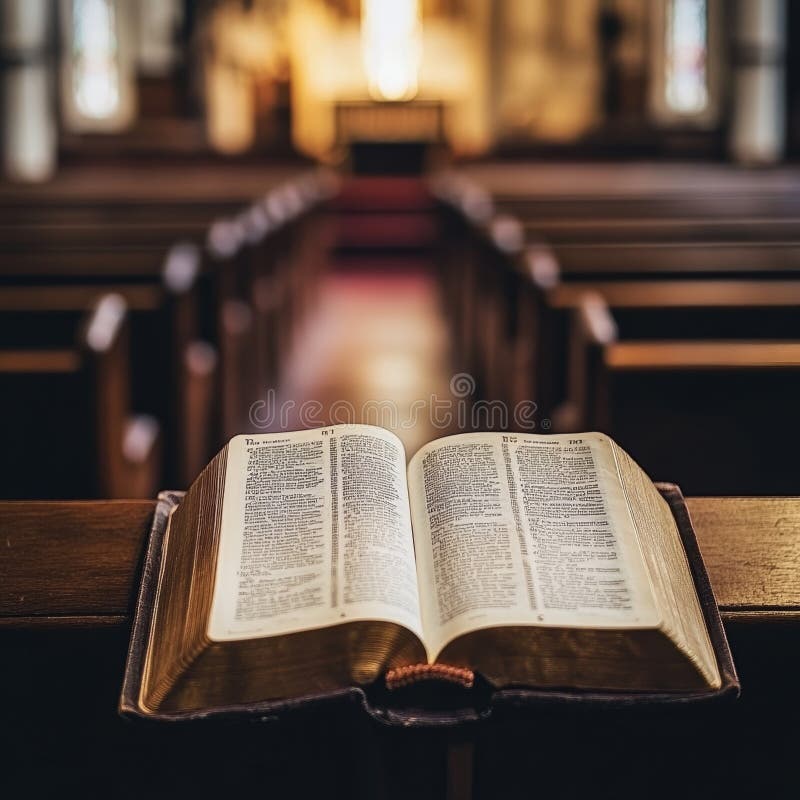 Open Bible in Church Interior with Blurred Bokeh Light Background ...