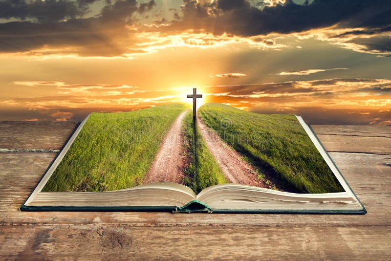 Open bible cross in sky stock photo. Image of literature - 186943896