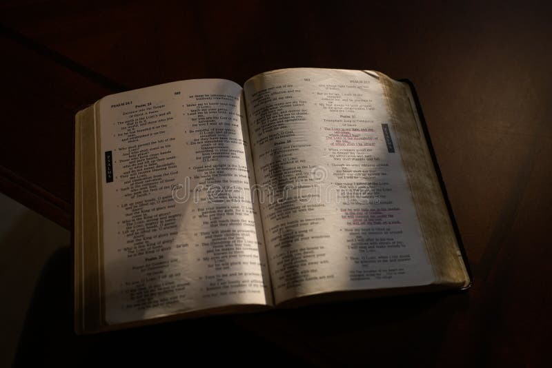 Open Bible on a Dark Wood Table Stock Image - Image of pray, power ...