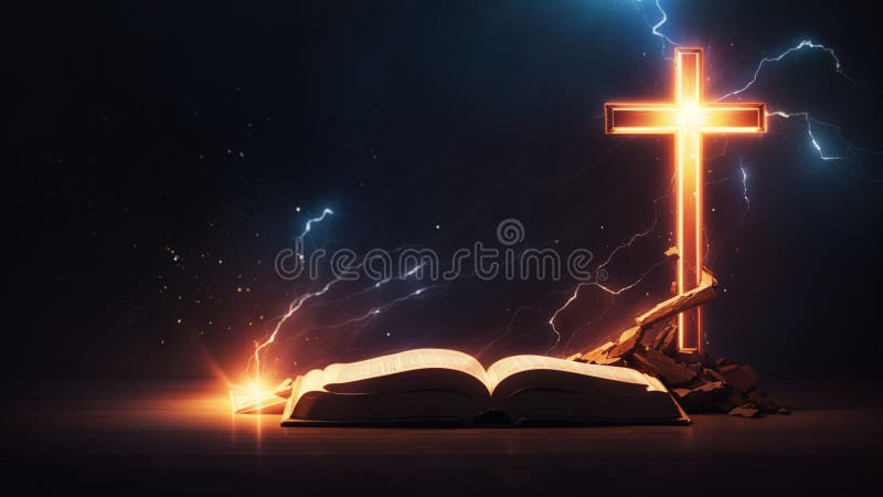 Open Bible with Glowing Cross on Horizontal Banner Stock Illustration ...