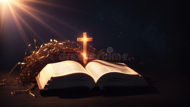 Open Bible with Glowing Cross on Horizontal Banner Stock Illustration ...