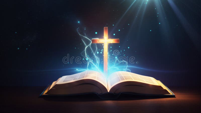 Open Bible with Glowing Cross on Horizontal Banner Stock Illustration ...