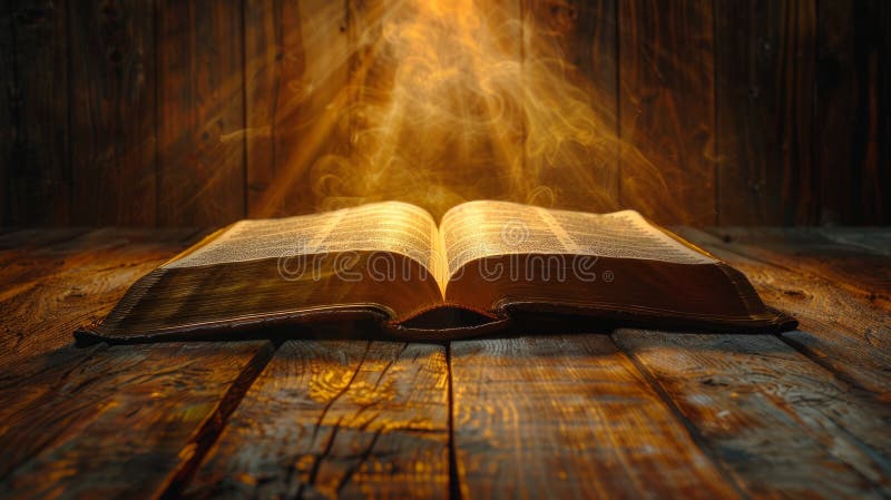Open Bible Glowing on Wooden Surface with Radiant Light Stock Photo ...