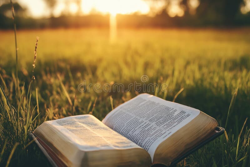 Open Bible on Grass at Sunset with Warm Light Stock Photo - Image of ...
