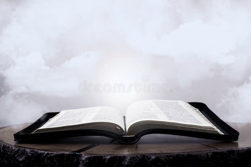 Open Bible. Holy Scripture. Book in the Clouds. Gospel Stock Photo ...