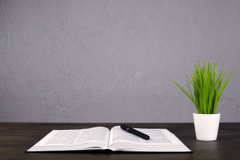 Open Bible. Holy Bible on the Table. Pen and Notepad. Green Vase. Stock ...