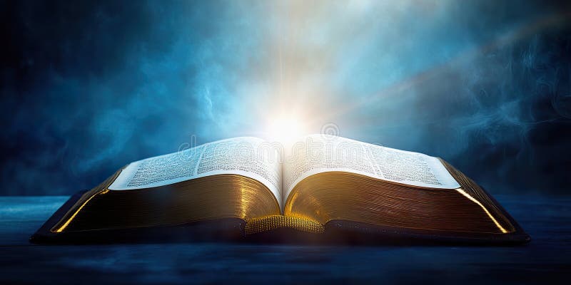 Open Bible Illuminated by Bright Light in Ethereal Atmosphere, Blue ...