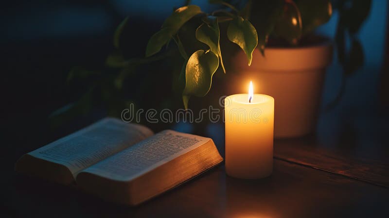 Open Bible, Lit Candle, Plant, Night Stock Image - Image of book ...