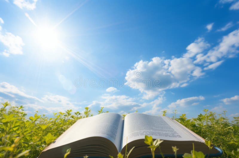 Open Bible Against Blue Sky with Clouds Stock Illustration ...