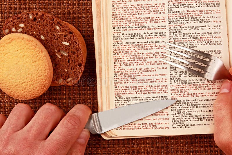 Open Bible Spiritual Bread Food Stock Photo - Image of page, bread ...