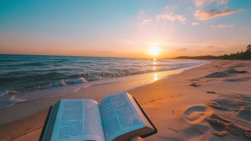 Open Bible at Sunset on a Sandy Beach Stock Illustration - Illustration ...