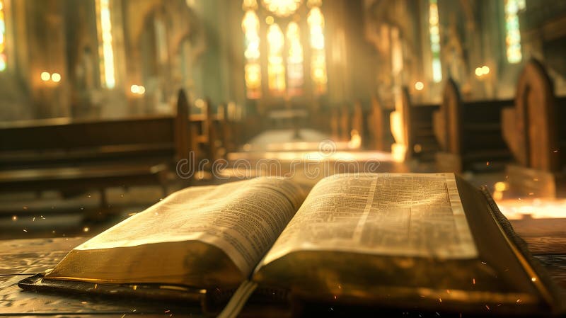 An Open Bible on the Table, Against the Backdrop of a Church ...