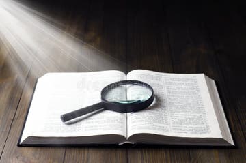 Open Bible. on the Table. Holy Bible, Scripture. Magnifier Stock Photo ...