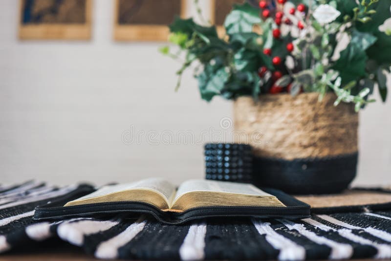 Open Bible on Table in Bedroom, Modern Interior Stock Photo - Image of ...