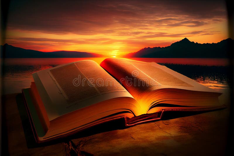 Open Bible on a Table with Sunset Light and Sea Background Stock ...