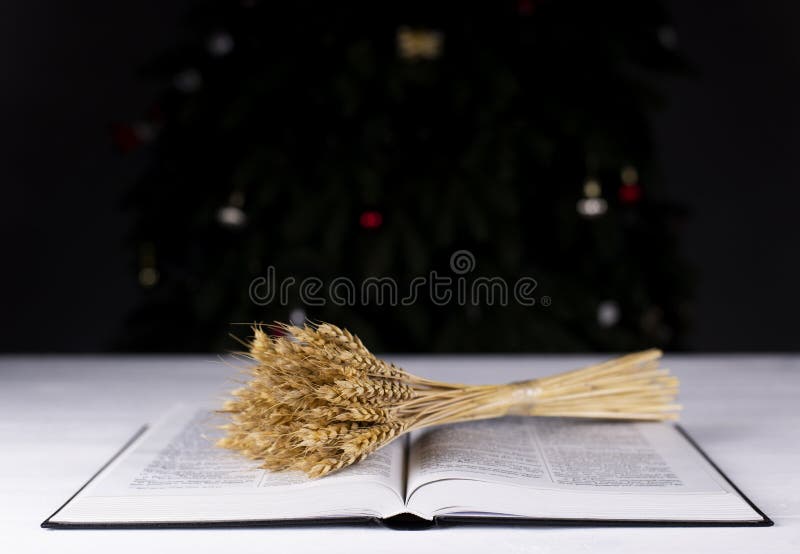 Open Bible on the Table. Wheat Ears on the Book Symbol of Bread. the ...