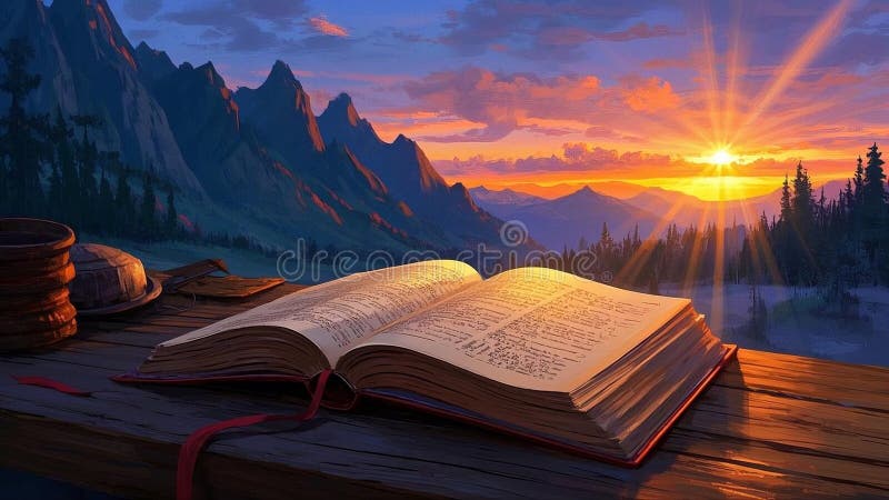 Open Bible on Wooden Surface with Glowing Sunset AI Generated Stock ...