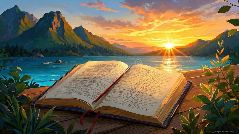 Open Bible on Wooden Surface with Glowing Sunset AI Generated Stock ...
