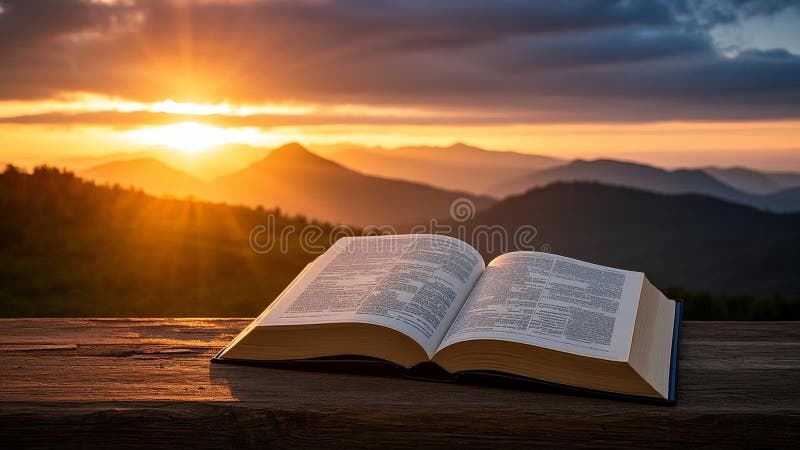 Open Bible on Wooden Surface with Glowing Sunset AI Generated Stock ...