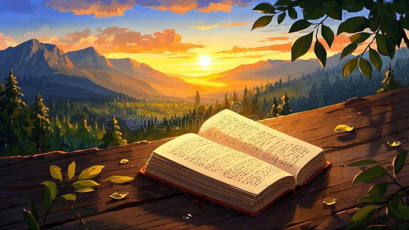 Open Bible on Wooden Surface with Glowing Sunset AI Generated Stock ...