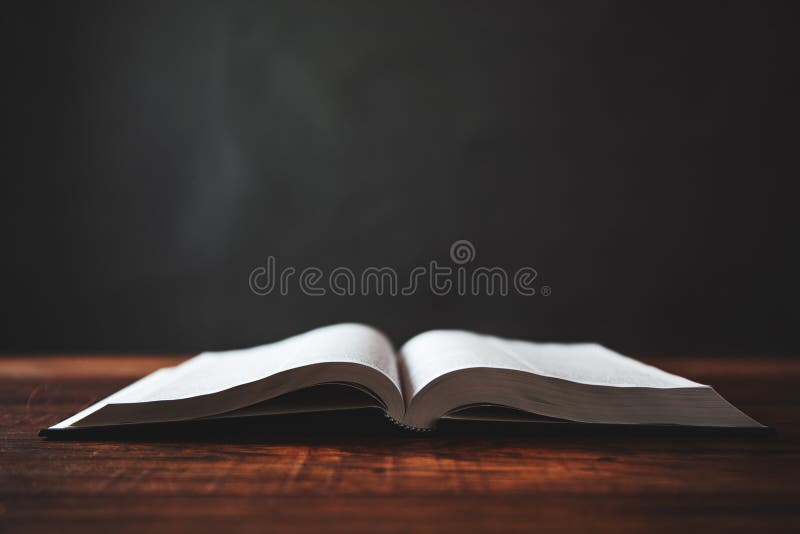 Open bible on wooden table stock photo. Image of copy - 195672874