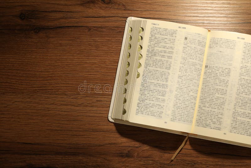 Open Bible on Wooden Table, Top View. Space for Text Stock Image ...