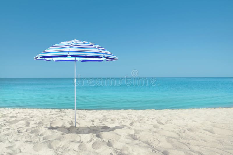 Open Big Beach Umbrella on Sandy Coast Stock Photo - Image of leisure ...