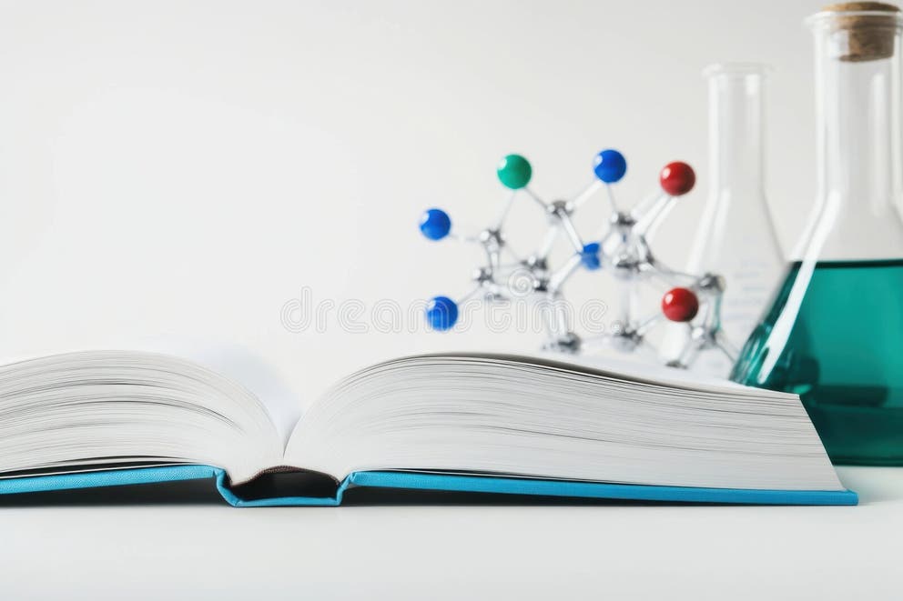 Open Biology Textbook Alongside Laboratory Glassware and Molecular ...